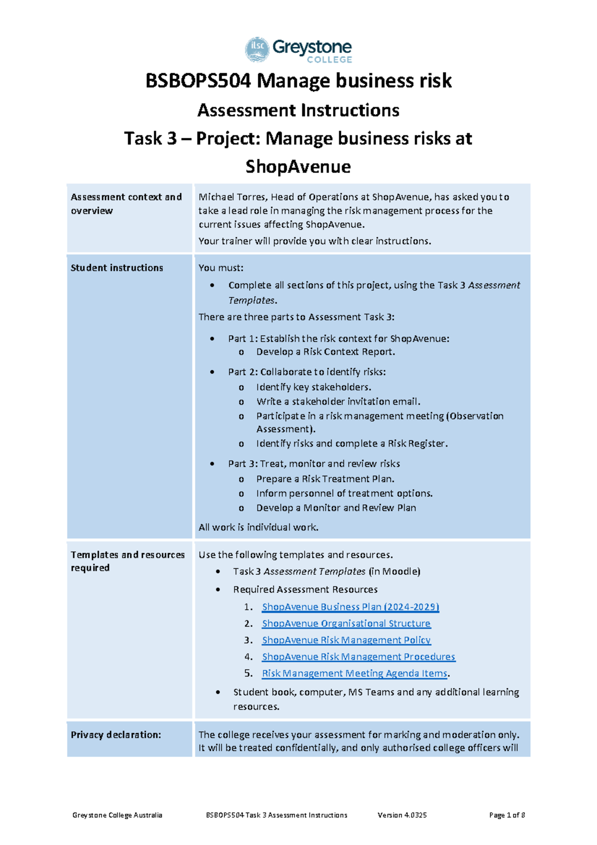 BSBOPS504 Task 3: Managing Business Risks at ShopAvenue - Studocu