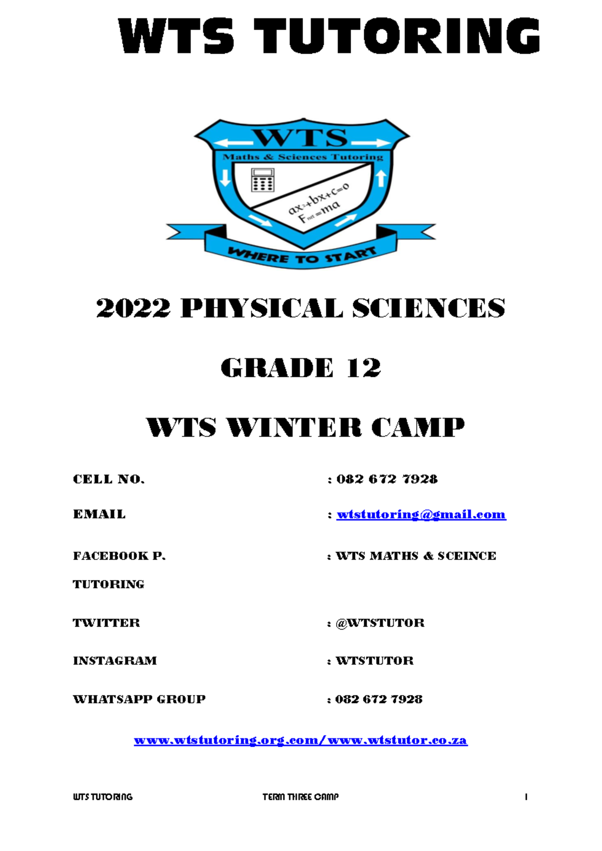 2022 WTS Grade 12 Physics T3 Winter Camp Overview - Studocu