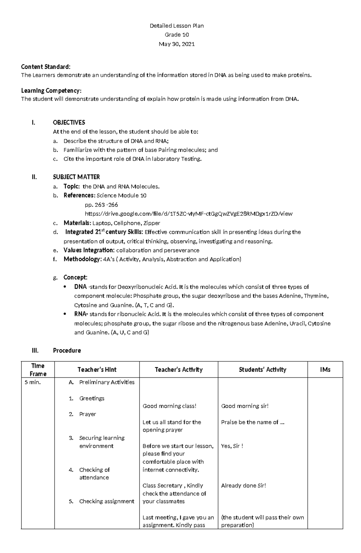 Grade 10 Detailed Lesson Plan: Understanding DNA & RNA (May 30, 2021 ...