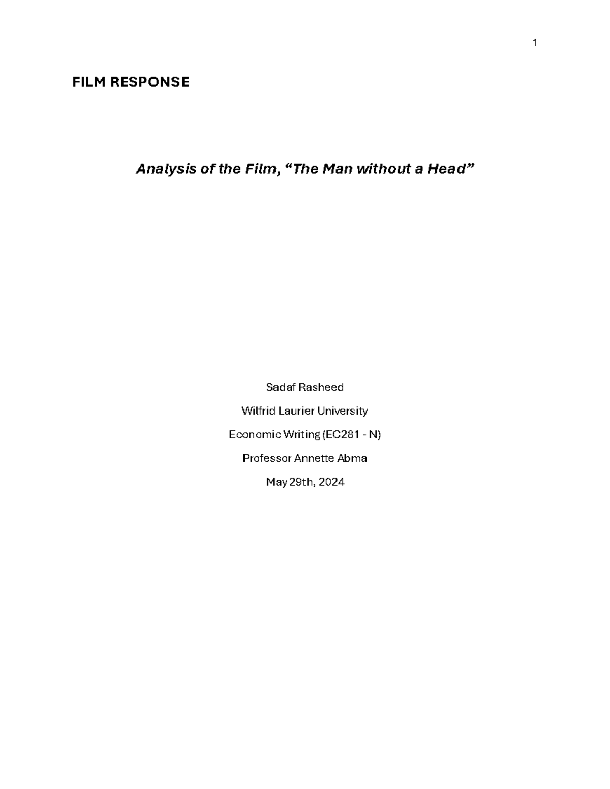EC281 N Film Response: Analysis of "Man Without a Head" - Studocu