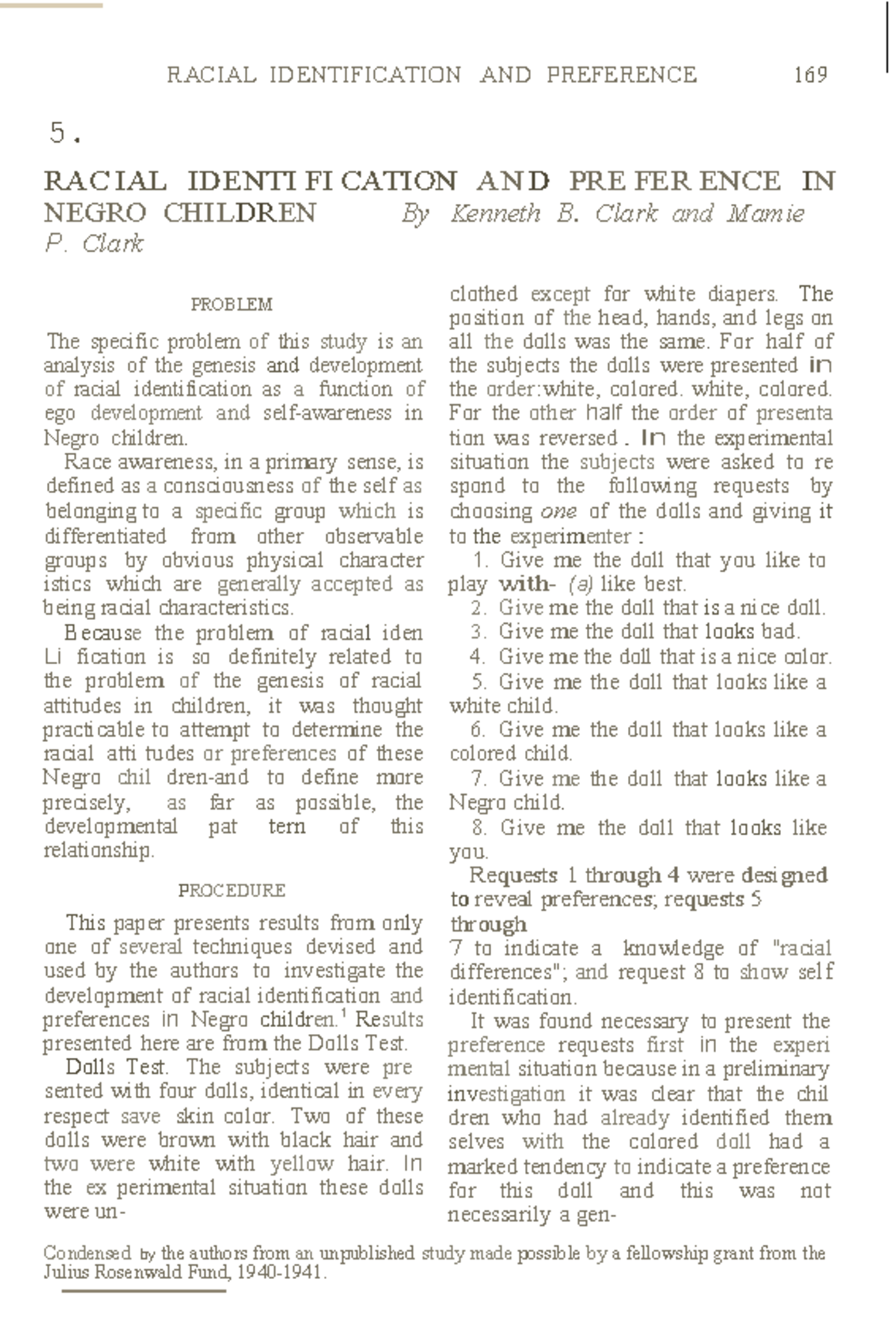 RSM802 Week 4 Clark Doll study ADA - ####### RACIAL IDENTIFICATION AND ...