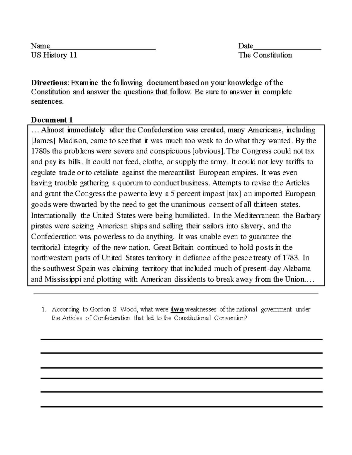 US History 11: DBQ on The Constitution and Its Implications - Studocu