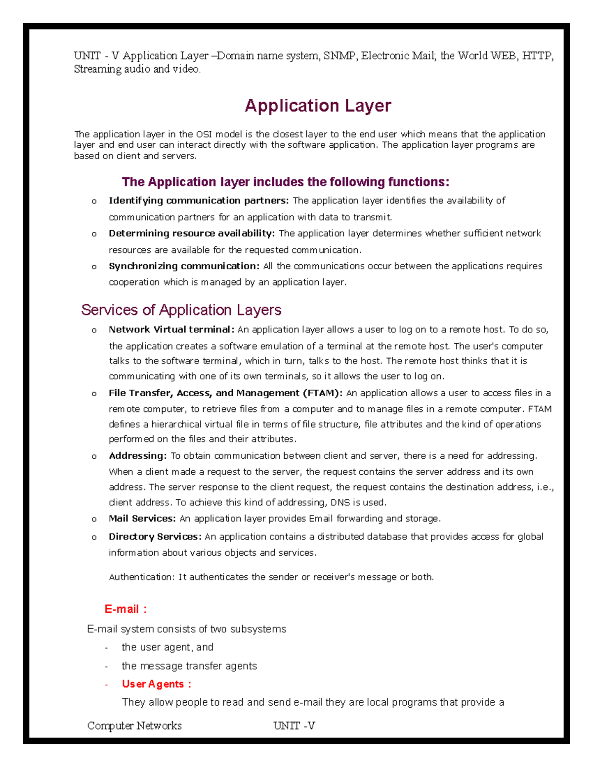 Computer Networks (CSE-202) Unit 5: Application Layer and DNS Overview - Studocu