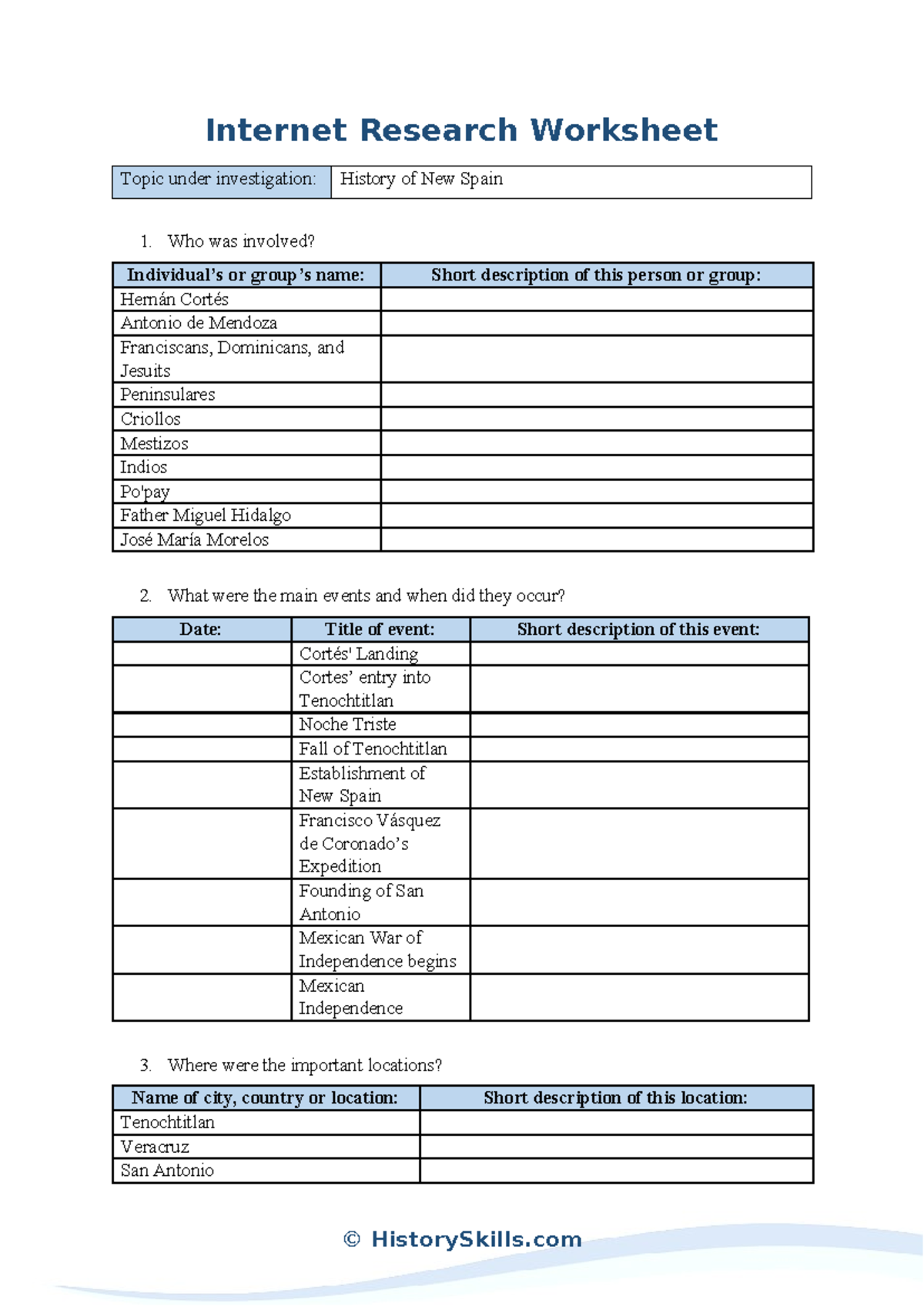 New Spain Research Worksheet: Key Figures, Events & Locations - Studocu