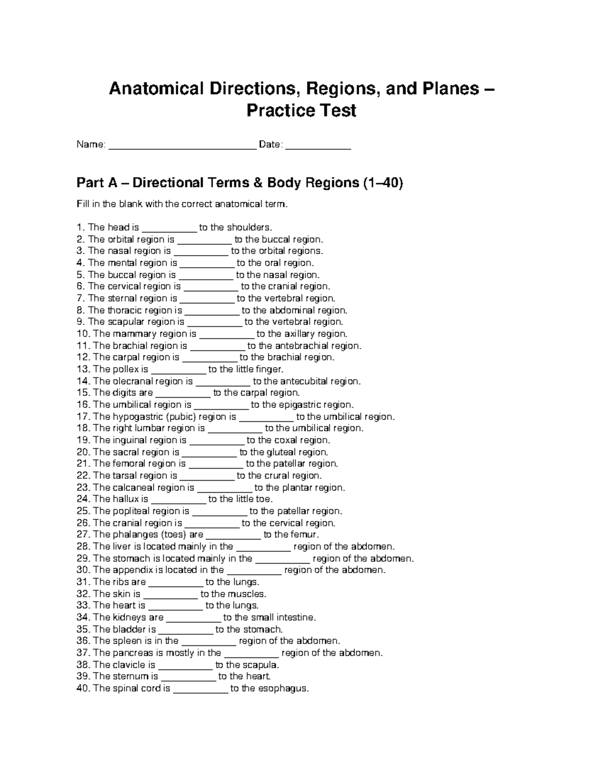 Anatomical Directions & Regions Practice Test (BIO 101) - Studocu
