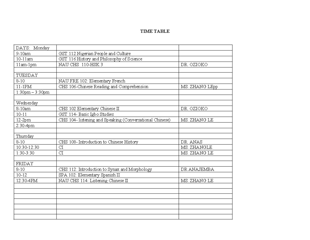 TIME Table - Questions - TIME TABLE DAYS: Monday 9-10am GST 112 ...