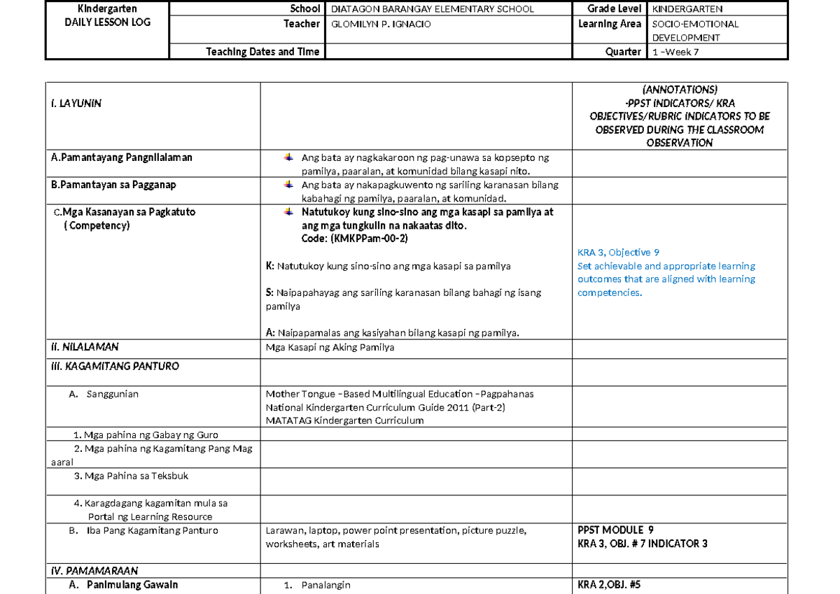 Kindergarten Lesson Plan First Quarter (for C.O) - Kindergarten DAILY ...