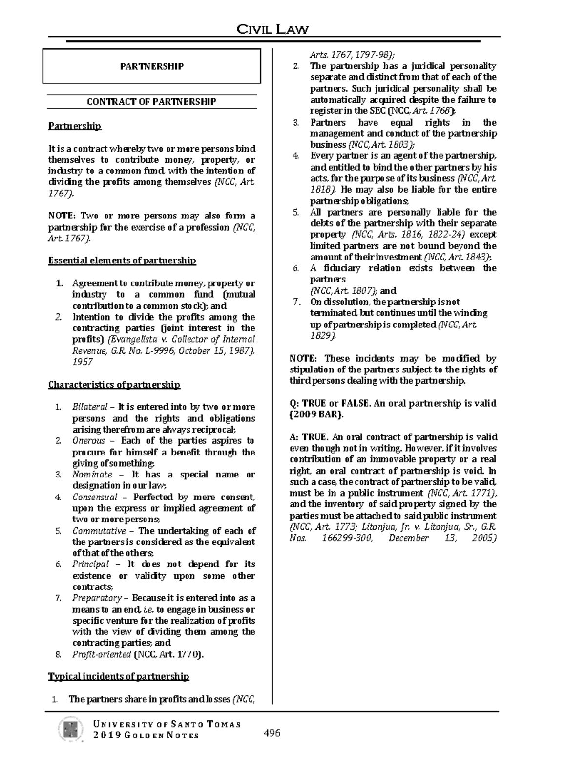 Golden Notes: Partnership in Civil Law 496 UST Study Guide - Studocu