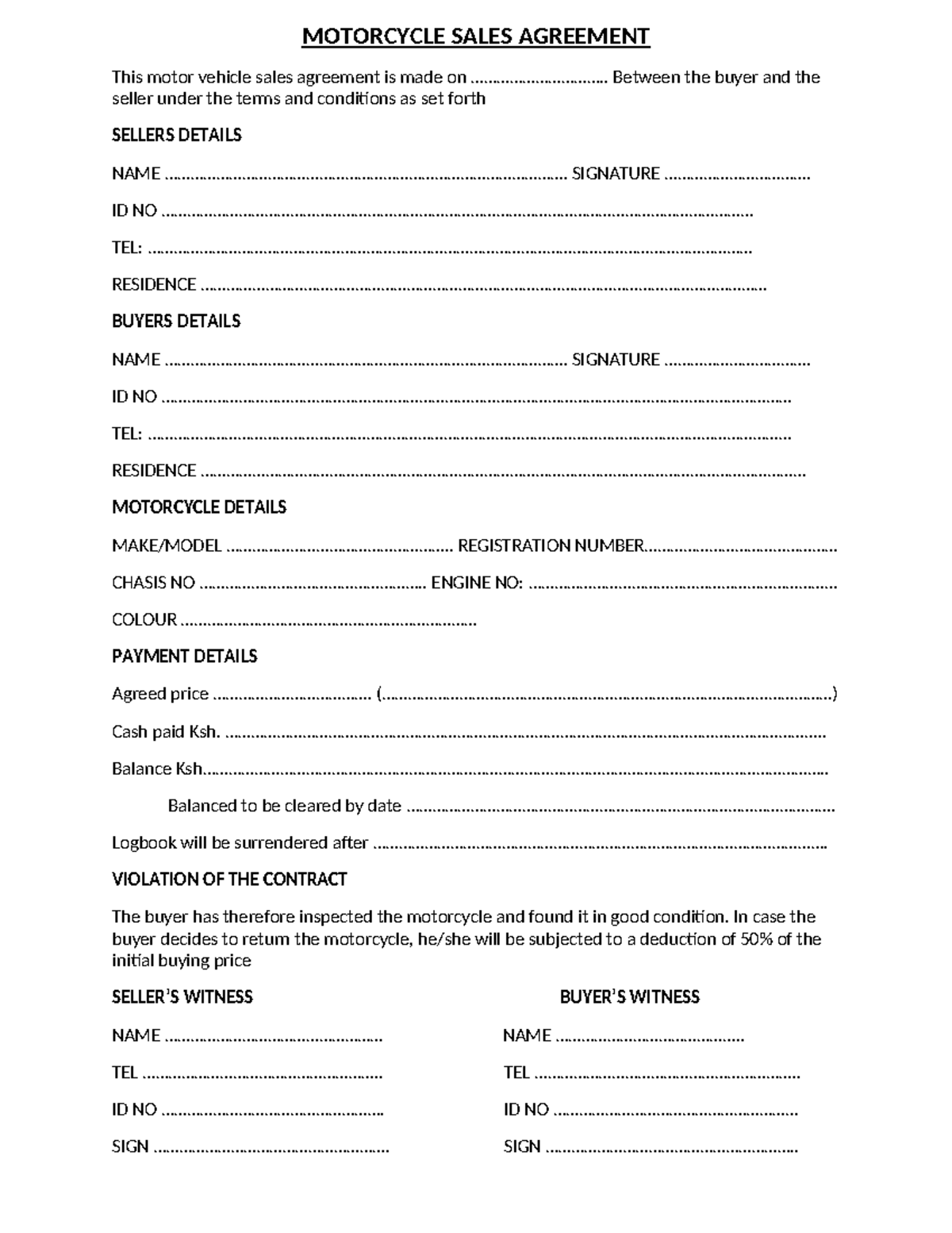 Motorcycle Sales Agreement Template for Buyers and Sellers - Studocu