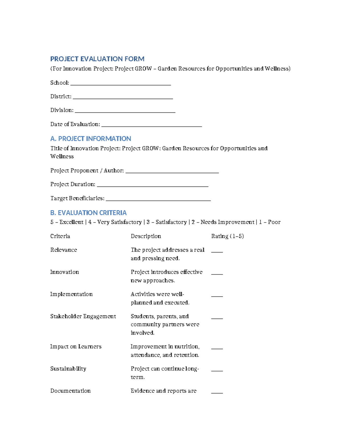 Project GROW Evaluation Form: Assessing Innovation Impact - Studocu