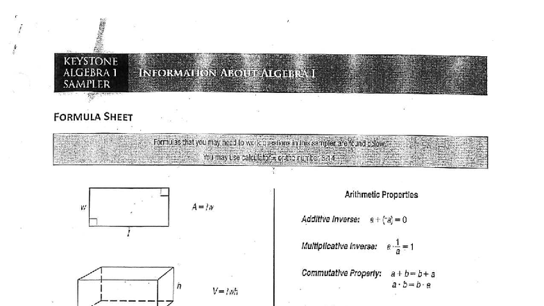 Keystone Algebra I Module 1 Formula Sheet & Practice Questions - Studocu