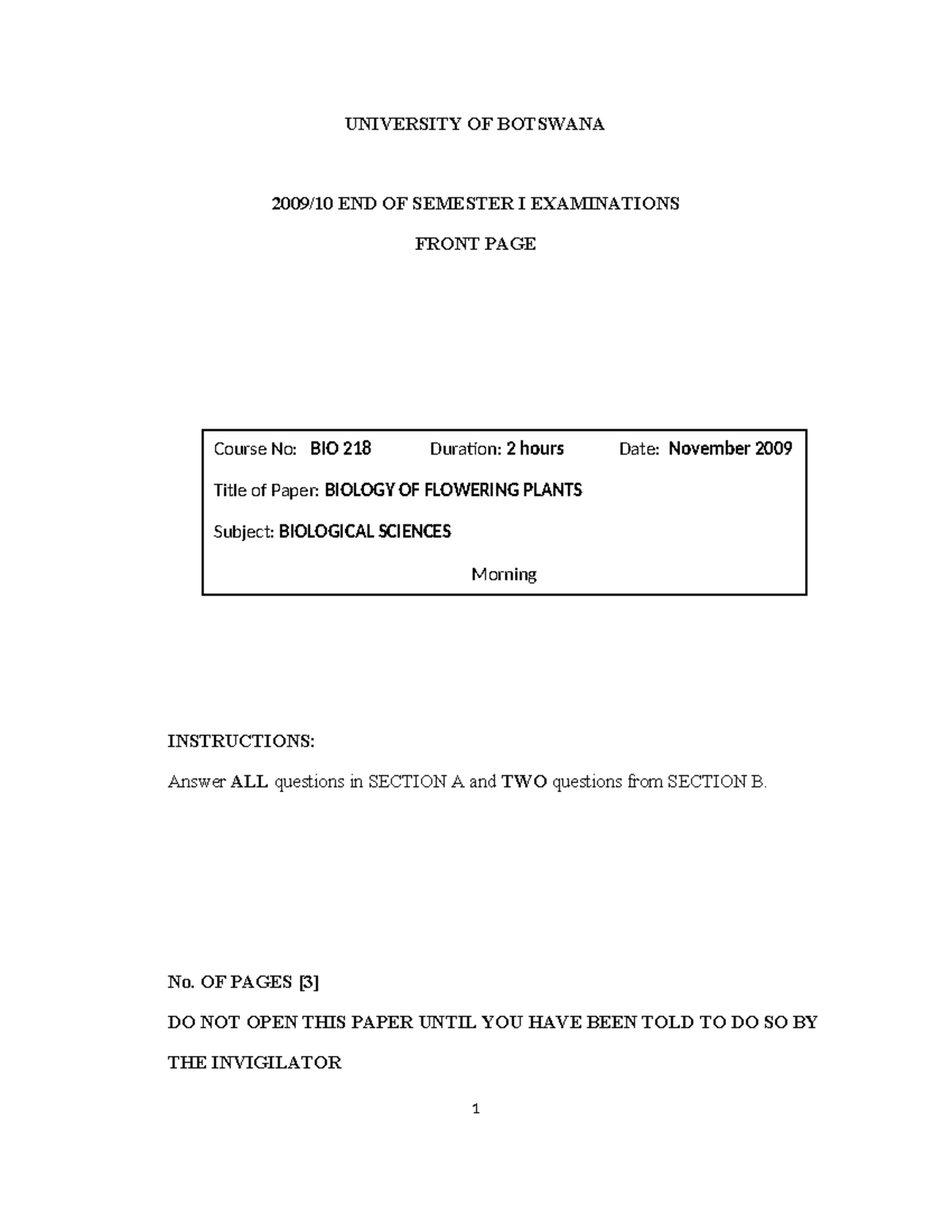 Final Exam 2009: BIO 218 - Biology of Flowering Plants - Studocu