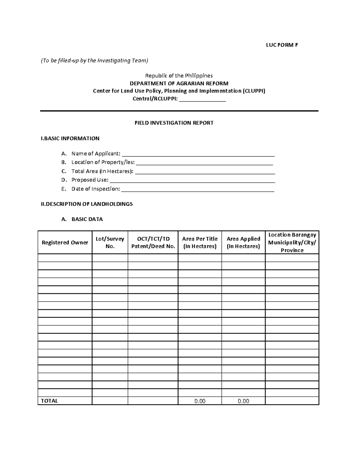 DAR LUC FORM F - Field Investigation Report for Land Use Assessment ...