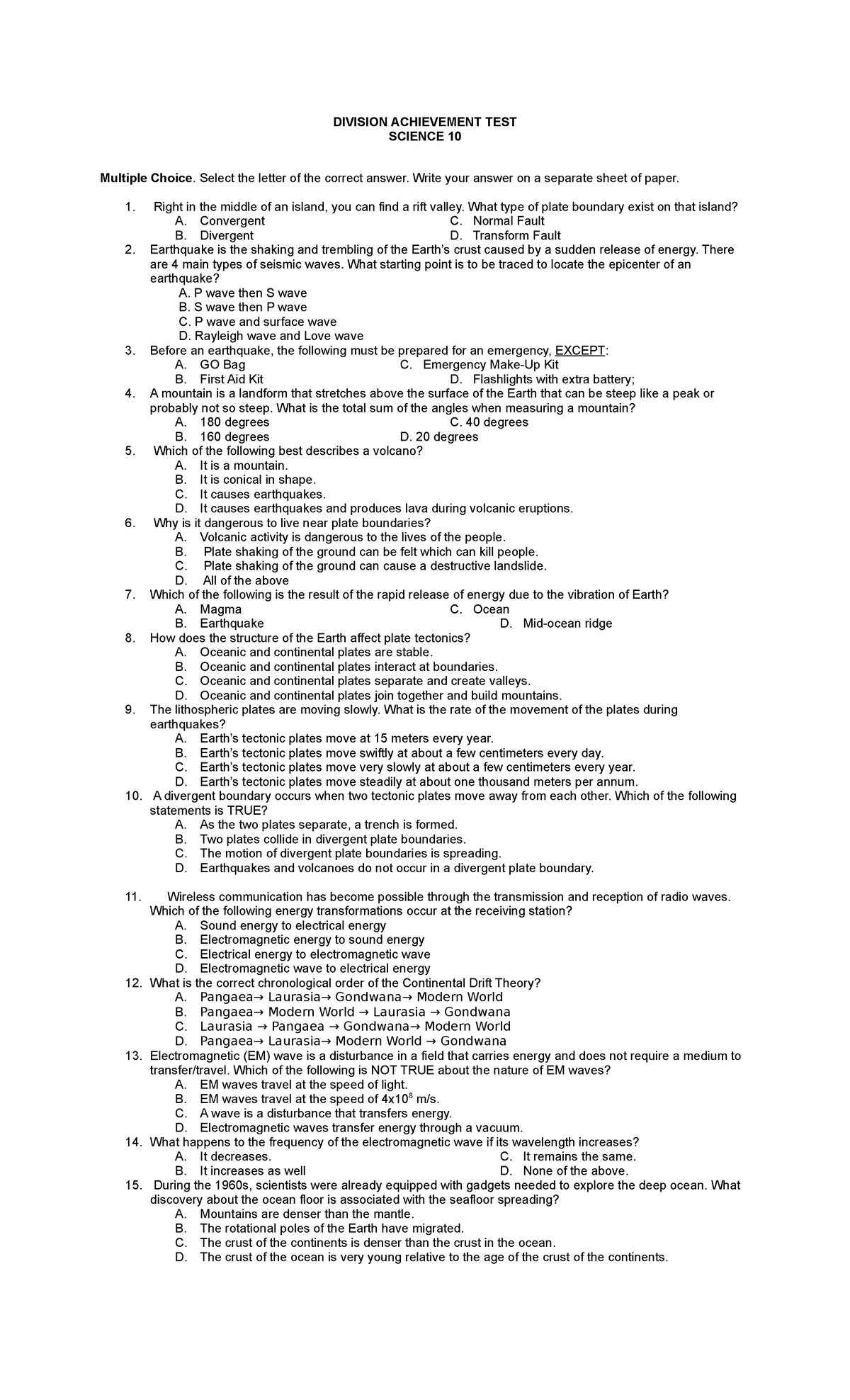G10 Science Round 3 Diagnostic Test Preparation Questions - Studocu