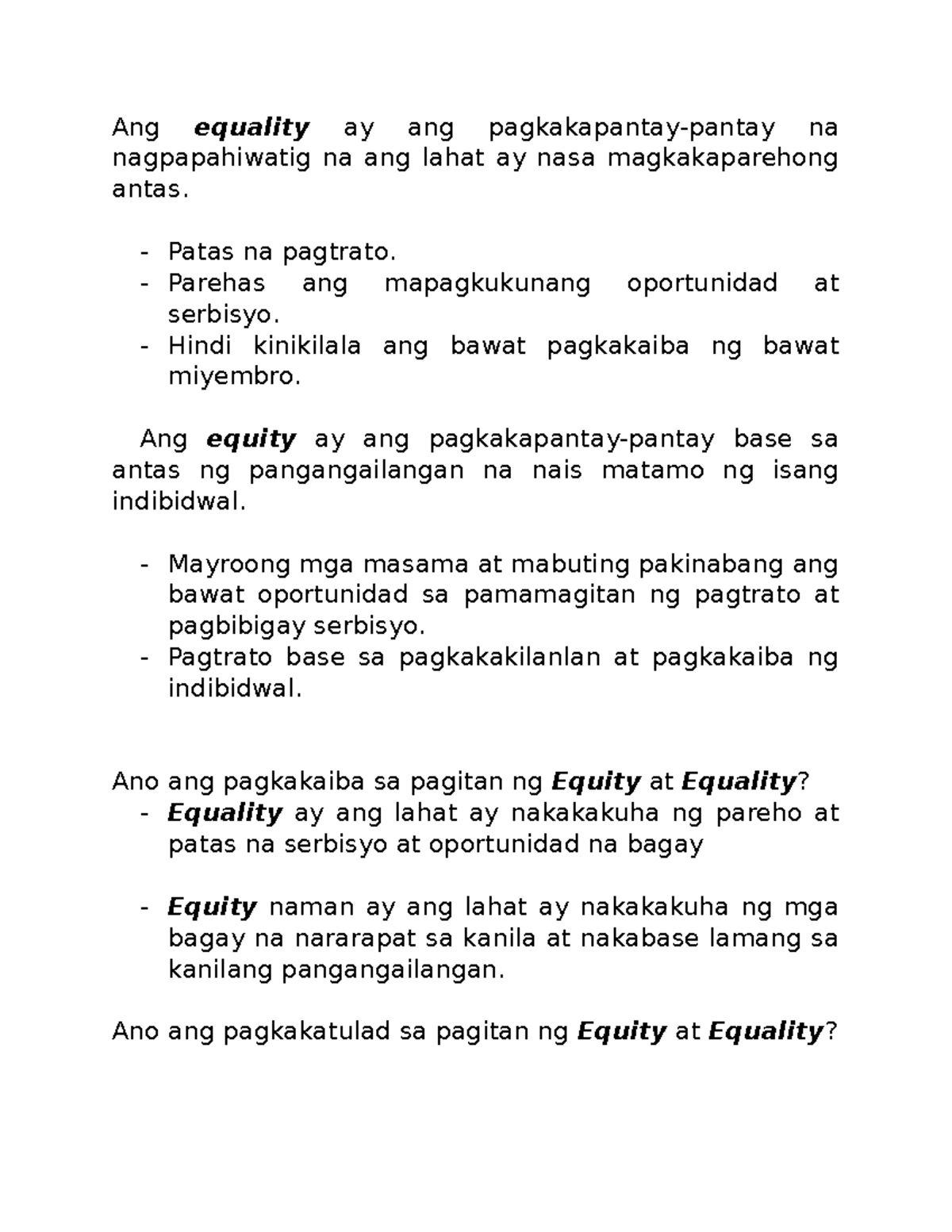 Equality vs. Equity Differences - Ang equality ay ang pagkakapantay ...