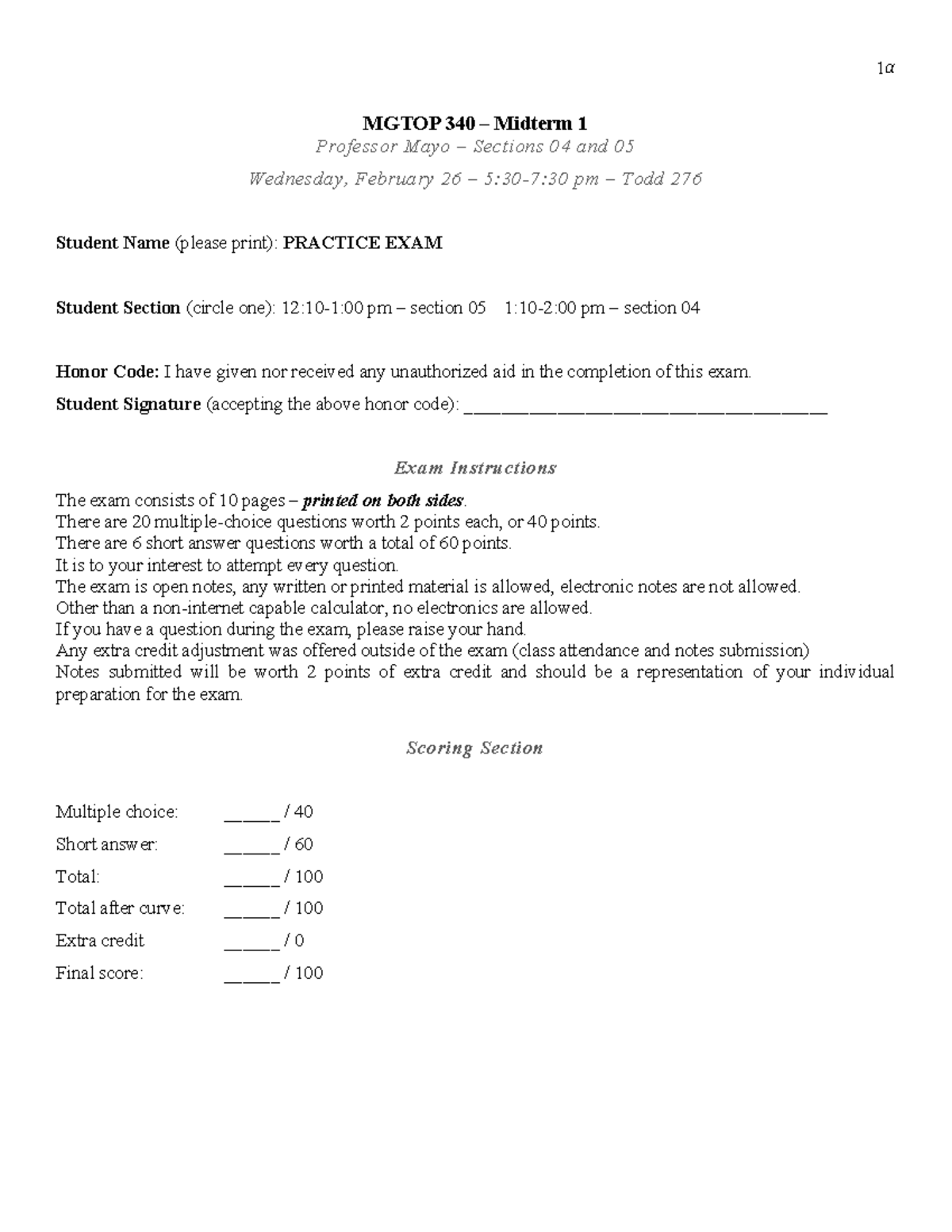 MGTOP 340 Midterm Practice Exam - Professor Mayo Sections 04 & 05 - Studocu