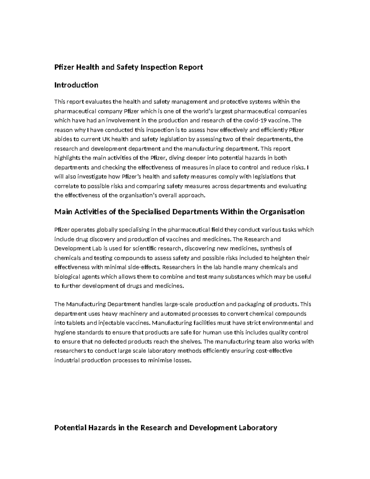 Unit 4 Assignment A: Pfizer Health & Safety Inspection Report - Studocu
