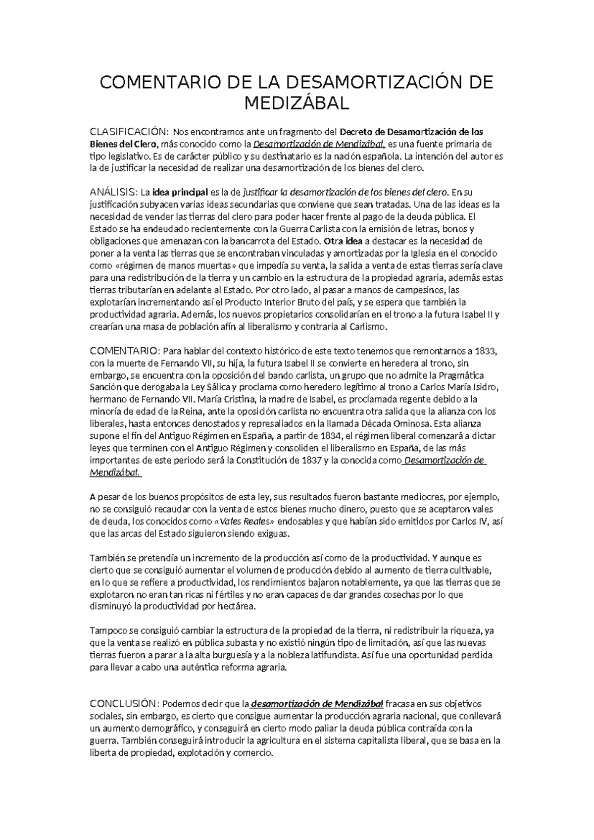 Comentario DE LA Desamortización DE Medizábal - COMENTARIO DE LA ...