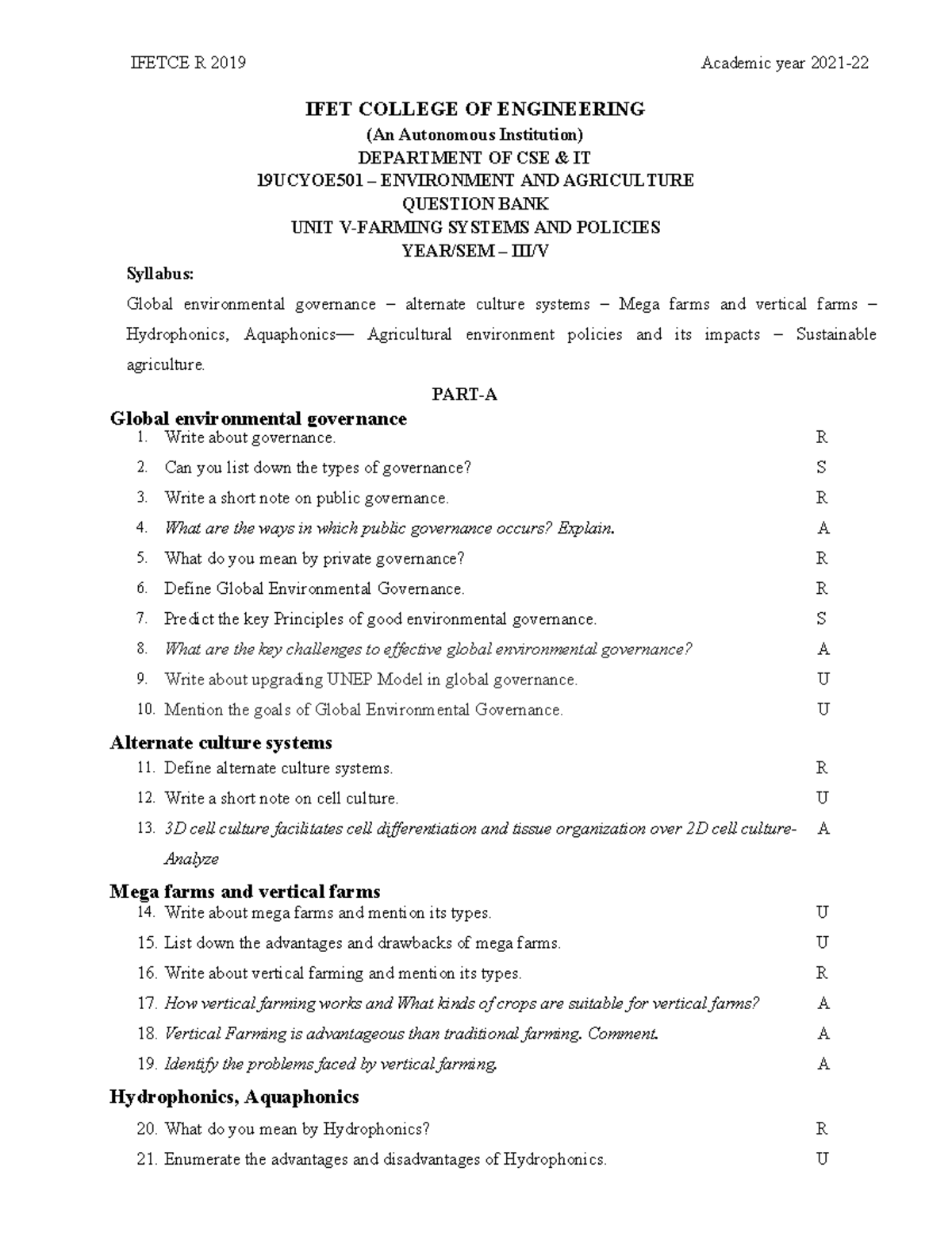 IT 19UCYOE501 Environment and Agriculture Question Bank - Unit V ...
