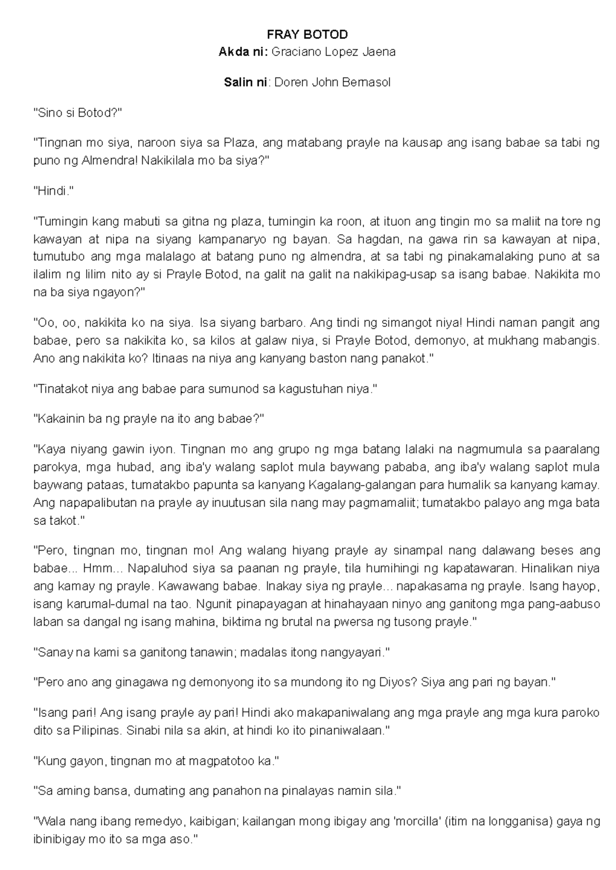 FRAY Botod: Isang Kritikal na Pagsusuri sa Akda ni Graciano Lopez Jaena ...