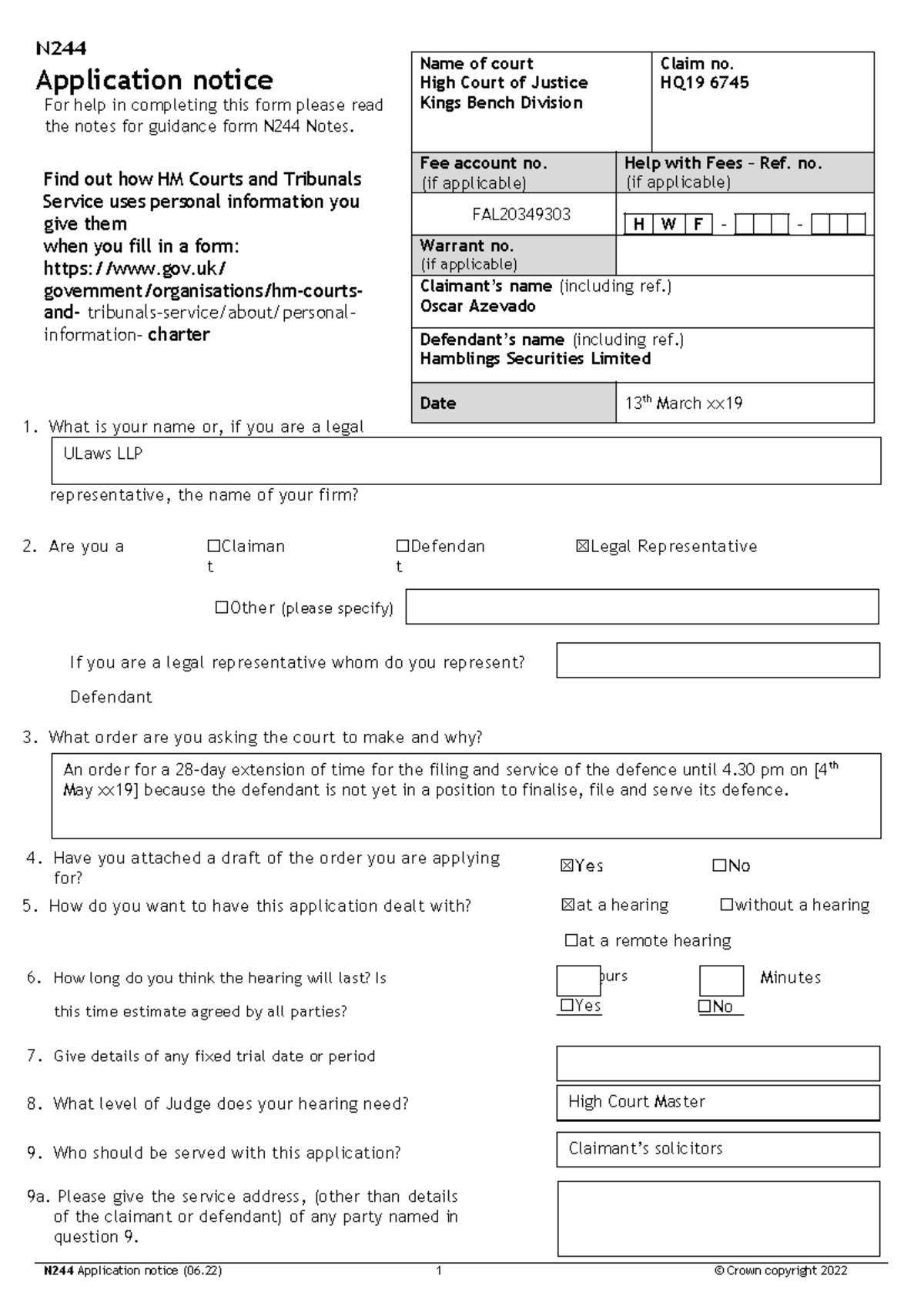 N244 Application Notice for High Court Dispute Resolution - March 2023 ...