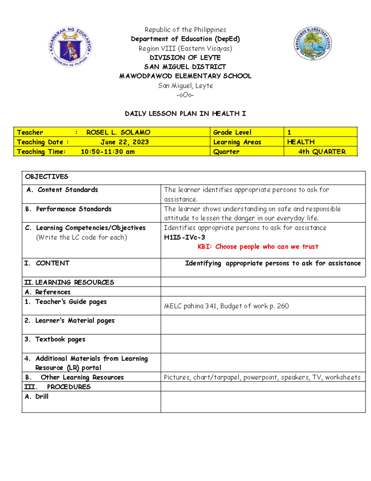 Daily Lesson Plan in Health I (COT Health I, Q4) - Studocu