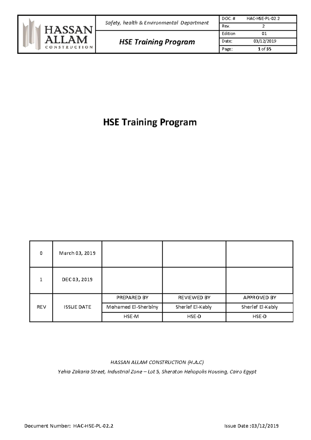 HAC HSE Training Program v2: Overview & Responsibilities Outline - Studocu