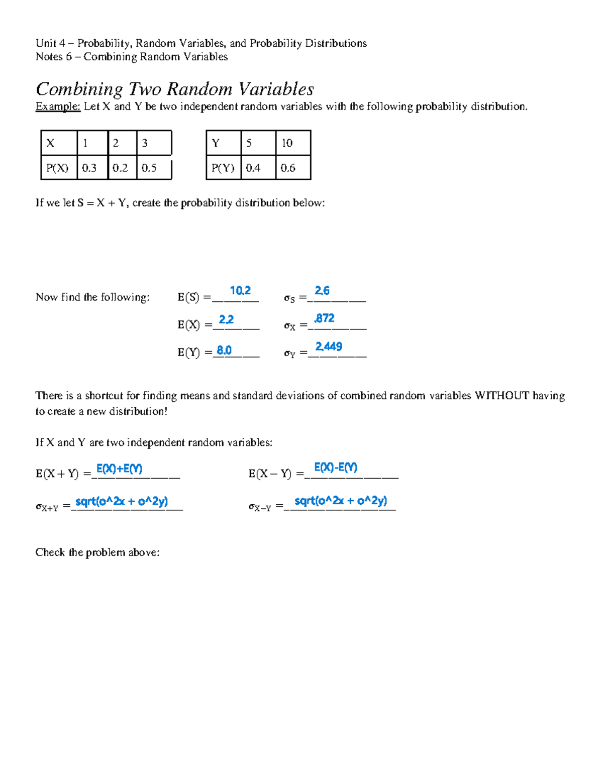 Unit 4 Probability Notes 6: Combining Random Variables and ...