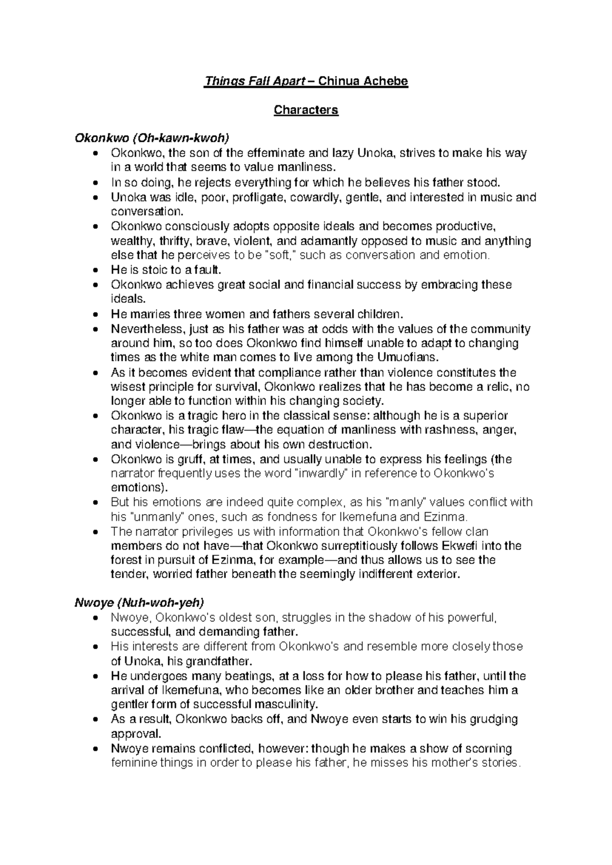 Things Fall Apart (ENG 101) - Character Analysis of Okonkwo and Others ...