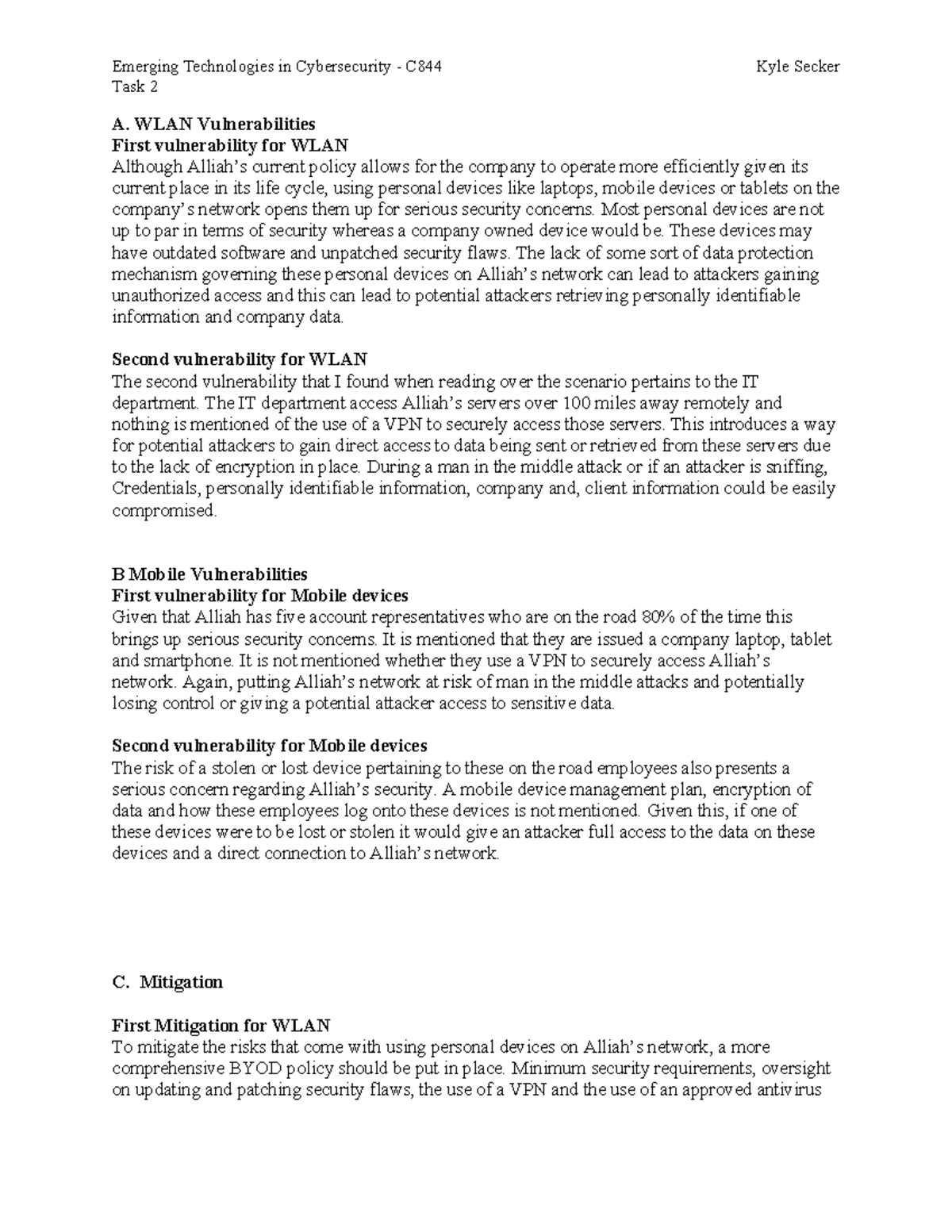 C844 Task 2 - Identifying WLAN & Mobile Vulnerabilities and Mitigation - Studocu
