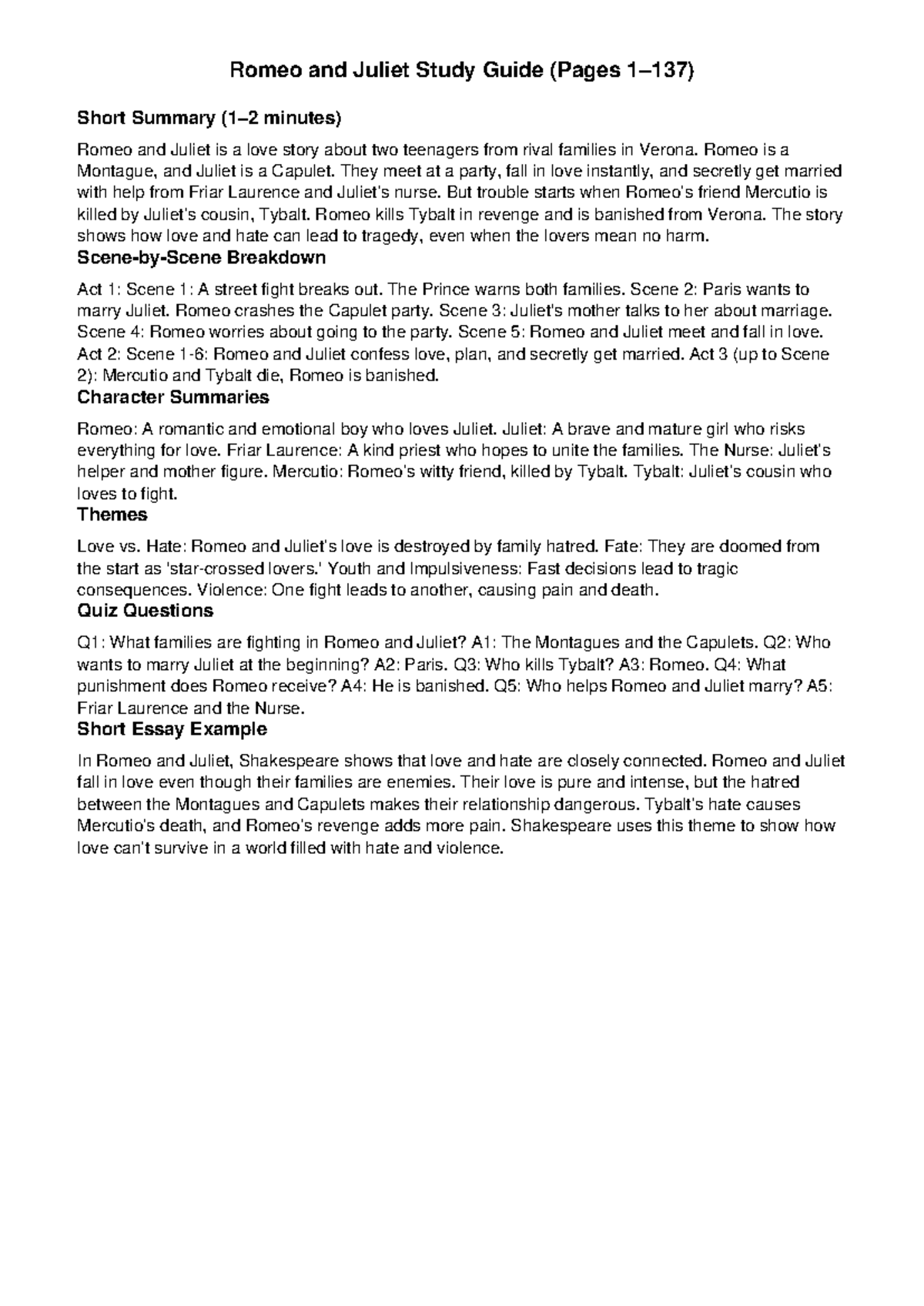 Romeo and Juliet Study Guide: Key Themes and Character Insights - Studocu
