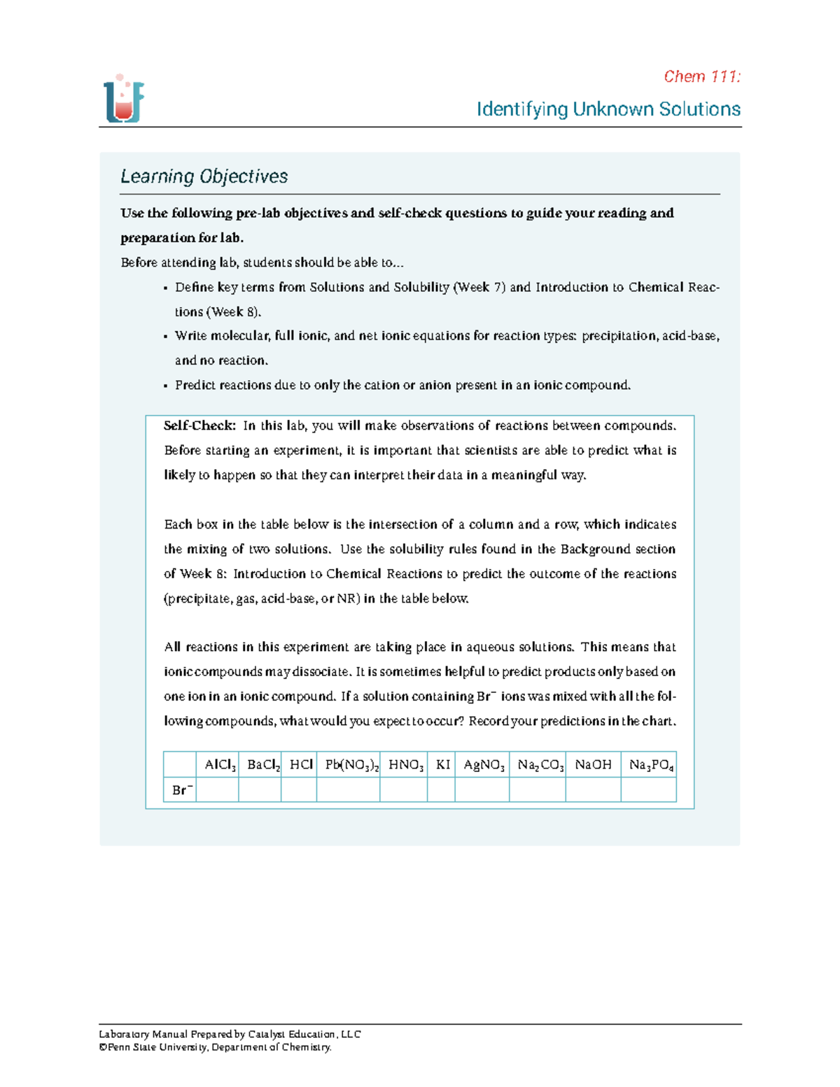 Identifying Unknown Solutions - Chem 111 Lab Manual & Objectives - Studocu