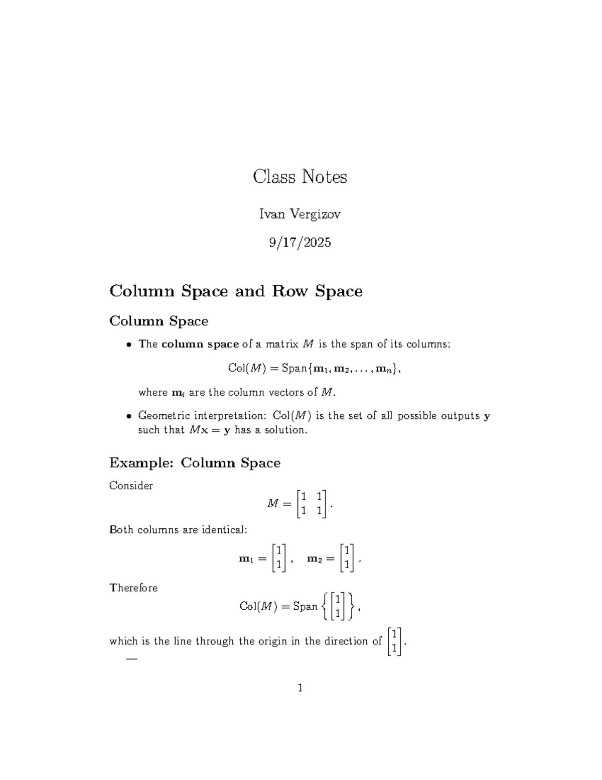 Linear Algebra Class Notes: Column Space & Row Space Overview - Studocu