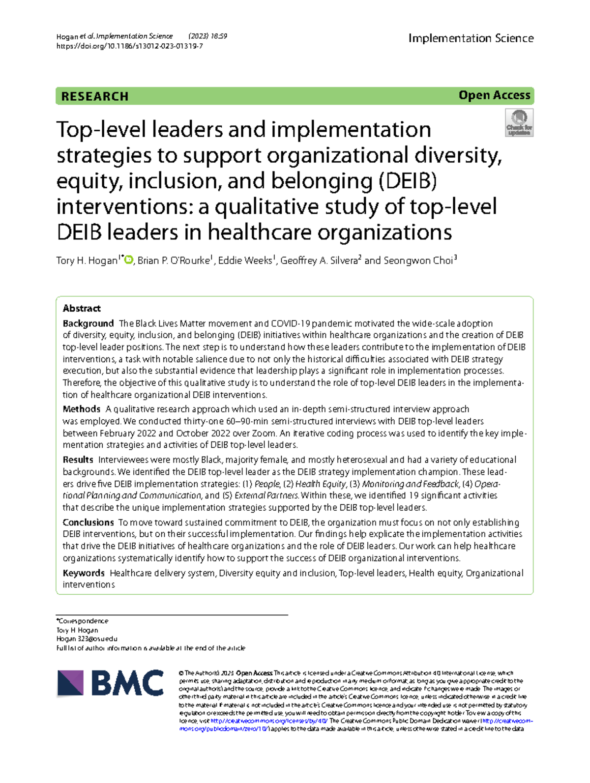 DEIB - mar - Hogan et al. Implementation Science (2023) 18: doi/10.1186 ...