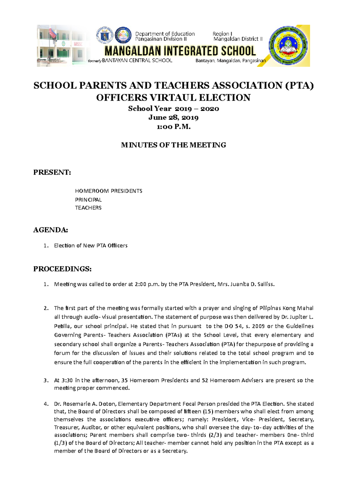 PTA Meeting Minutes: Virtual Election for SY 2019-2020 - Studocu