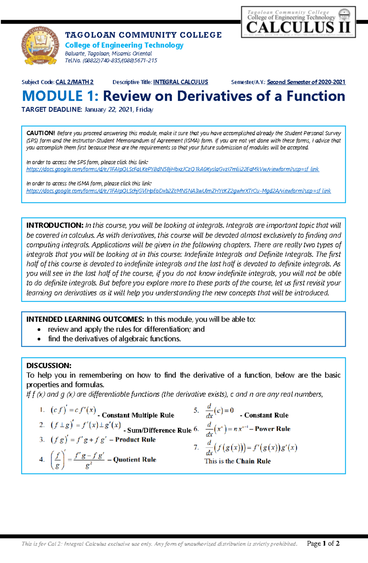 Module 1 of Calculus 2 - Lecture notes 1 - This is for Cal 2: Integral ...