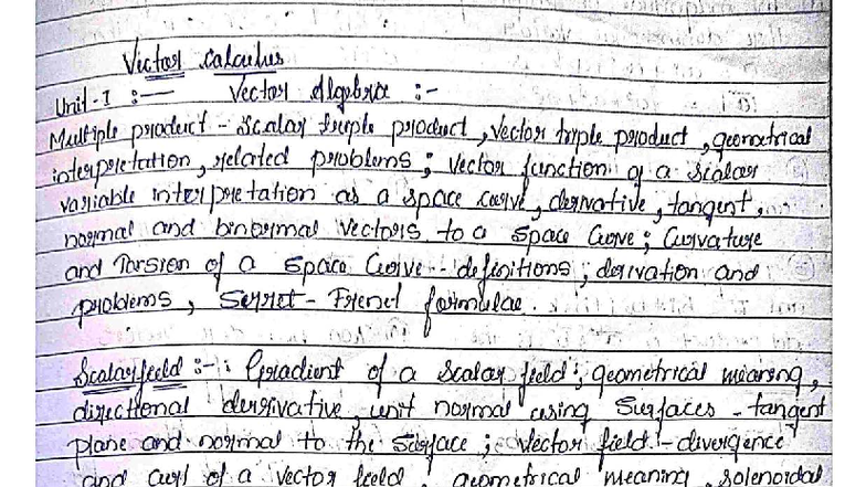 Unit 1 Vector Calculus - V Semester Notes on Vector Algebra and ...