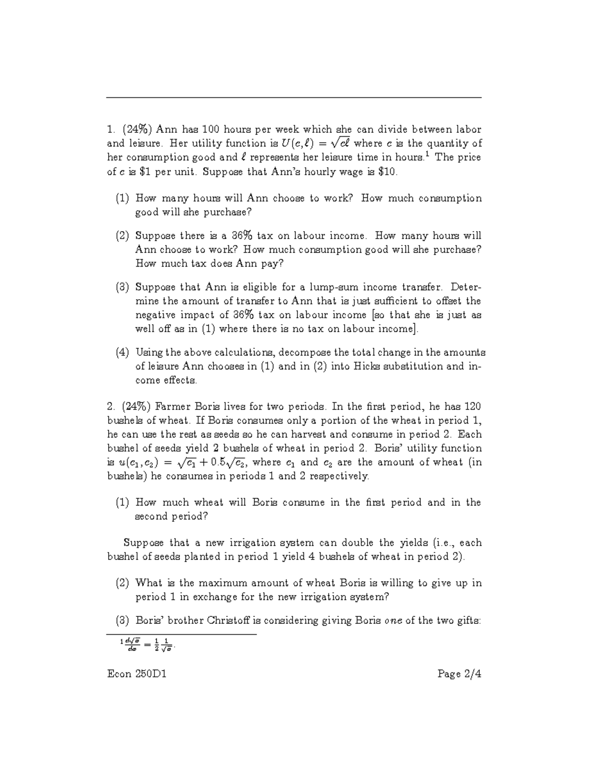 Econ 250D1: Sample Final Exam on Utility and Market Analysis - Studocu