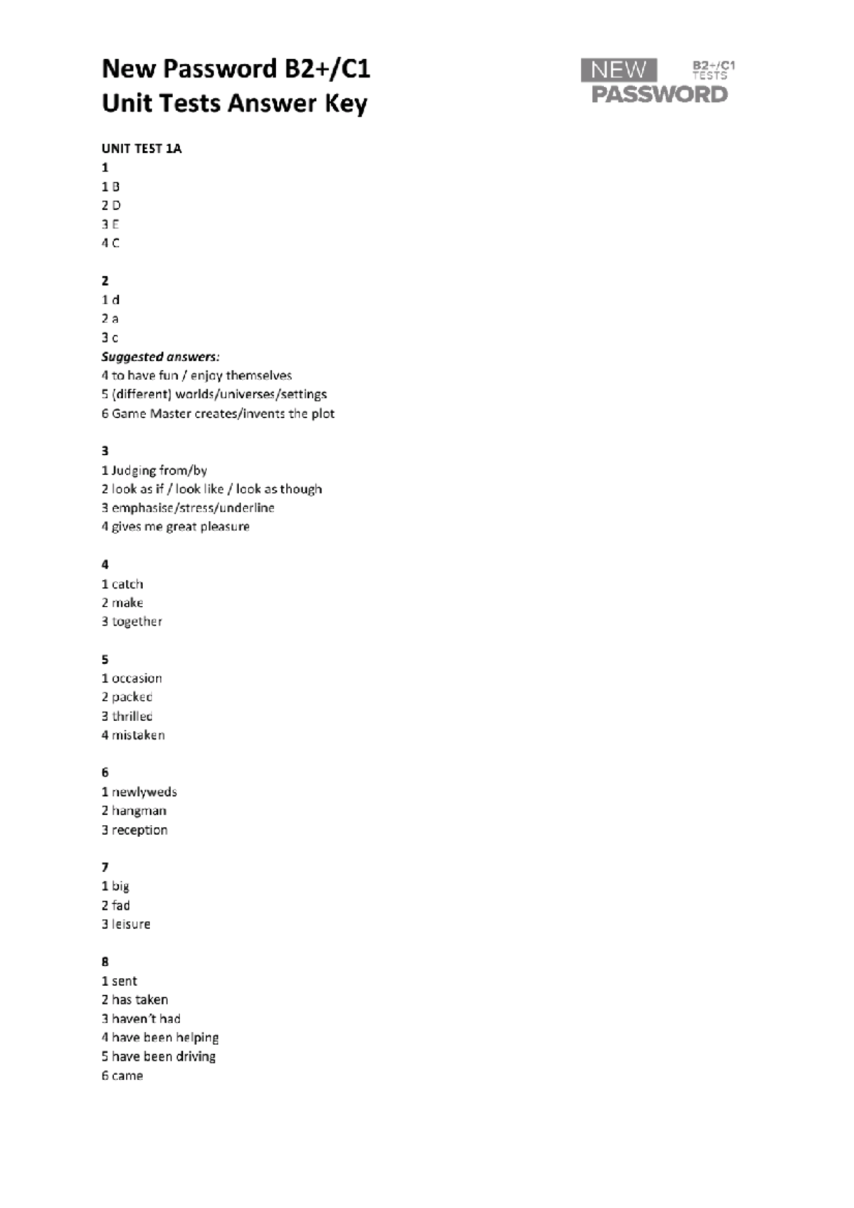 785954109 New Password Unit Tests B2 C1 Answer Key Revision Guide - Studocu