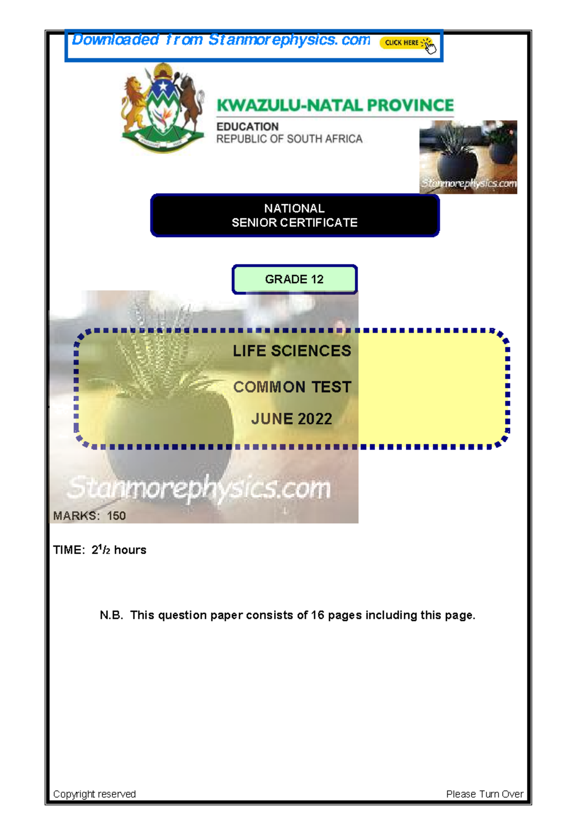 Life Sciences Grade 12 Common Test June 2022: Question Paper & Memo ...