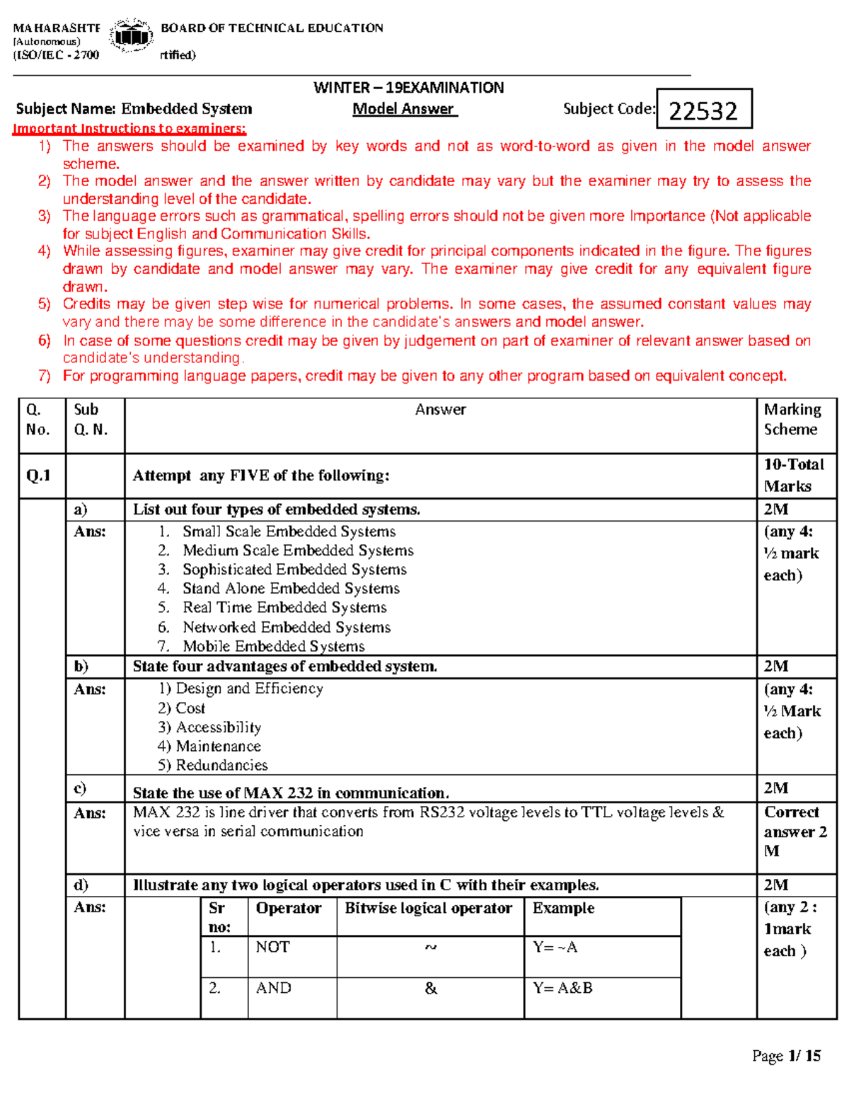 22532-Winter 2019 Embedded Systems Model Answer Guide - Studocu