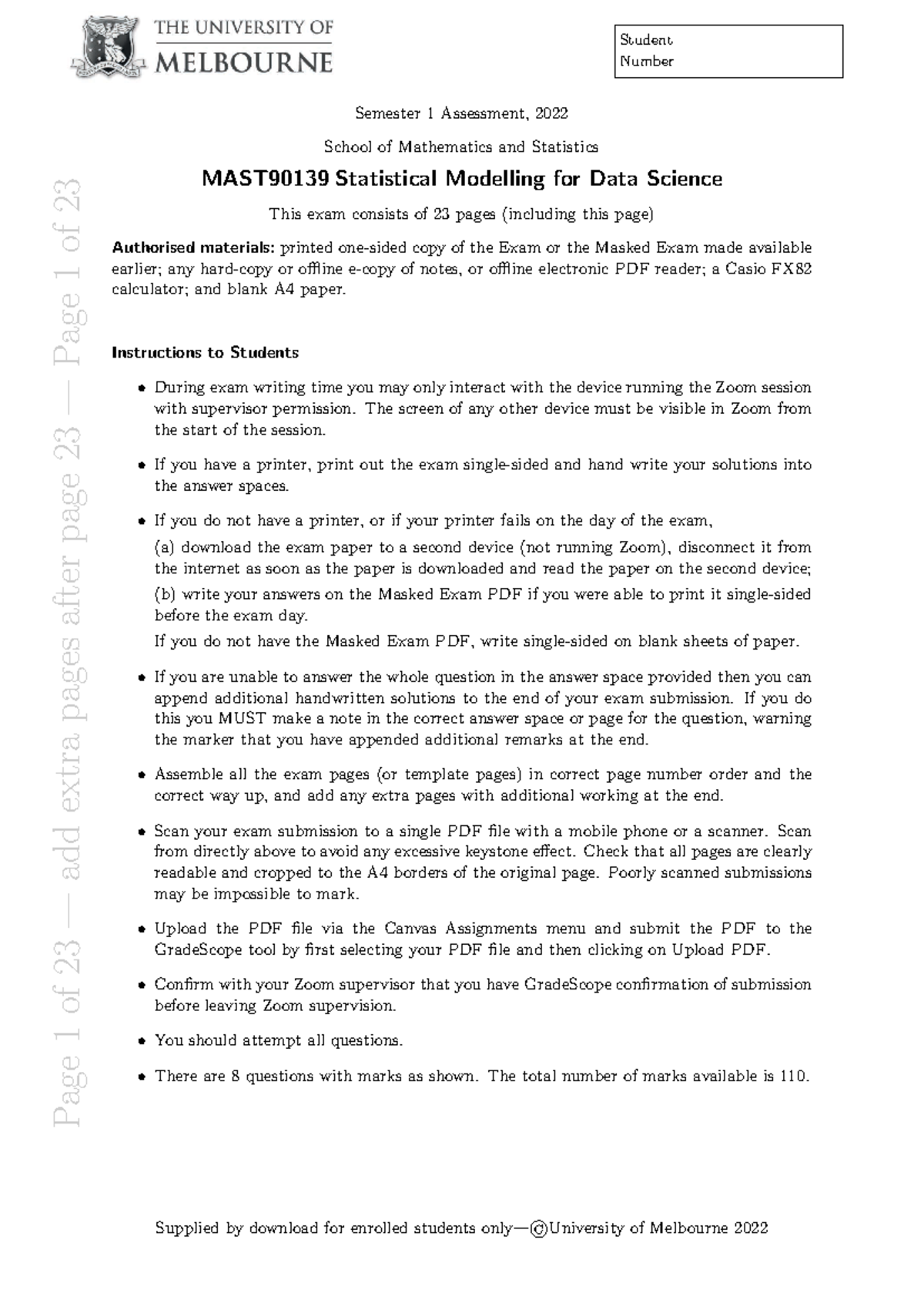 MAST90139 2022 S1 Statistical Modelling Exam - Past Paper Review - Studocu