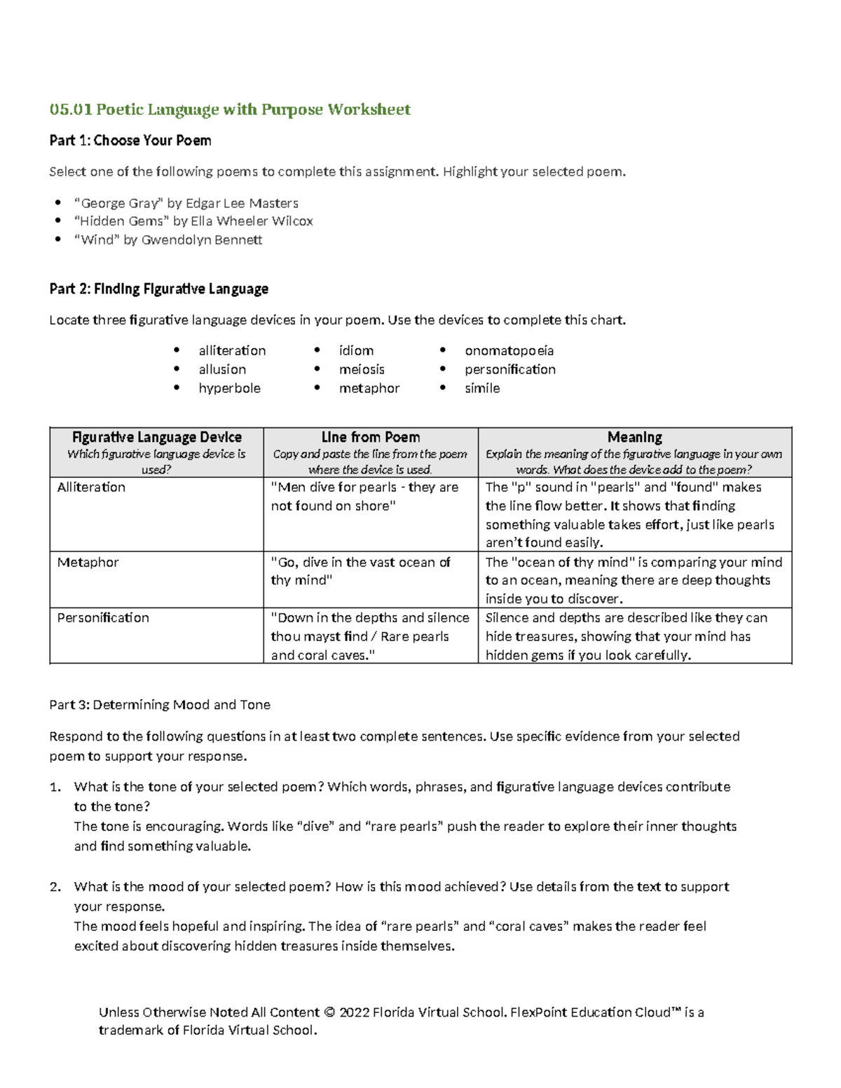 05 01 Poetic Language with Purpose Worksheet: Figurative Devices & Tone ...