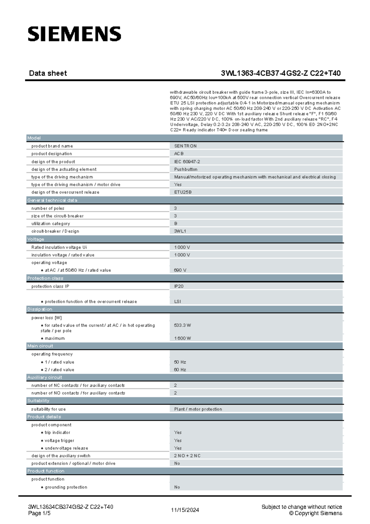 3WL1 ACB Datasheet: Withdrawable Circuit Breaker Specs - Studocu