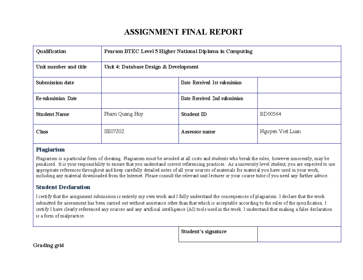 Database Design Development Report for BTEC Level 5 HND in Computing ...