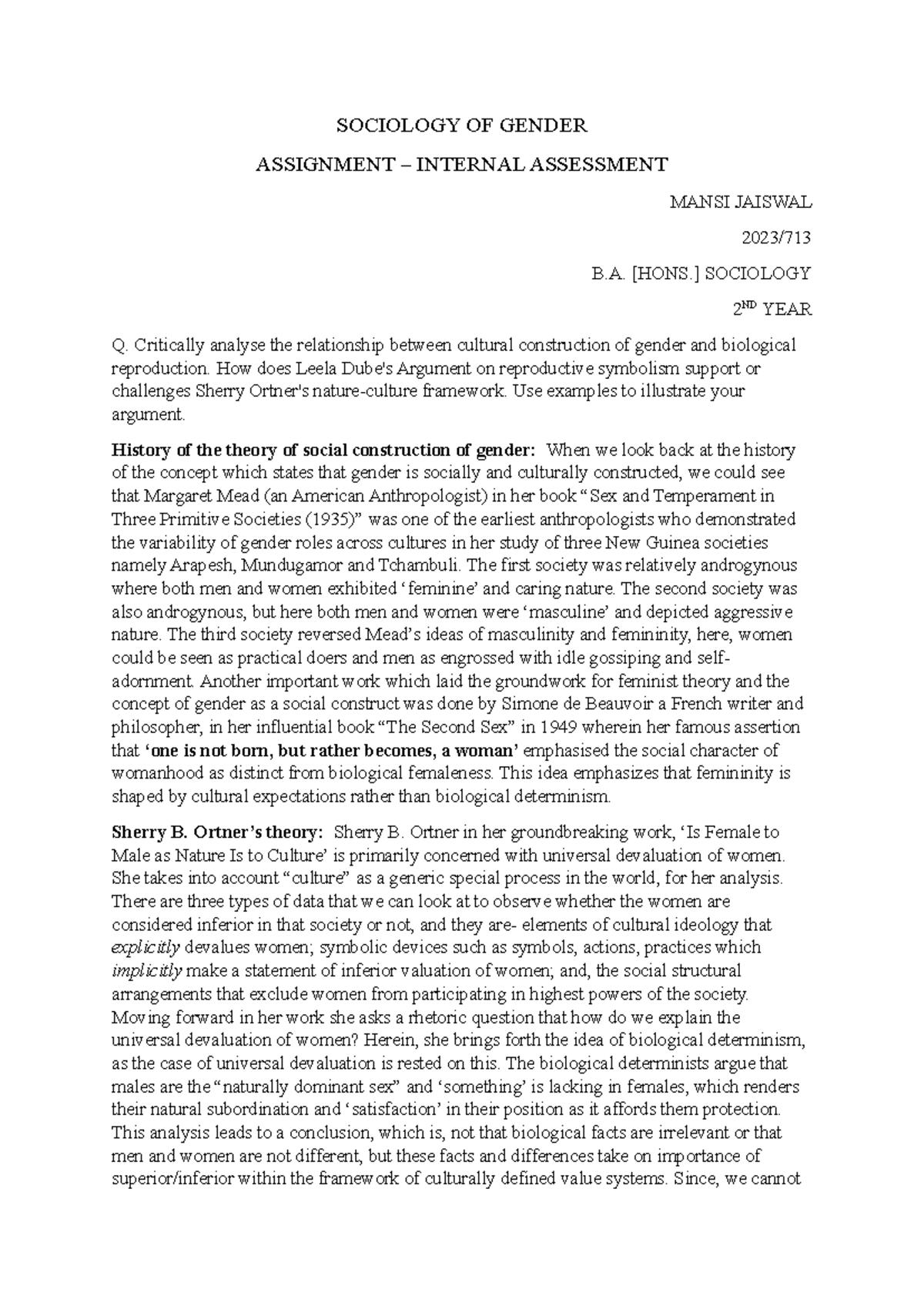 B.A. Sociology 2nd Year Internal Assessment: Gender, Culture ...