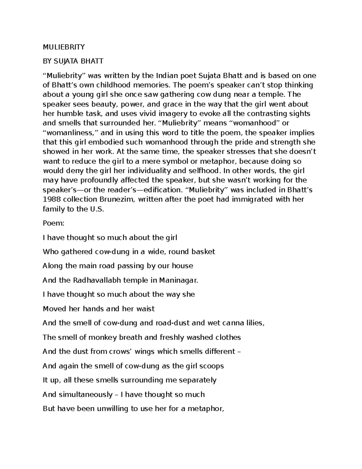 Analyzing "Muliebrity" by Sujata Bhatt: Themes of Womanhood & Selfhood ...