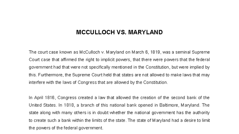 MCCULLOCH VS. MARYLAND: Landmark Supreme Court Case Analysis - Studocu