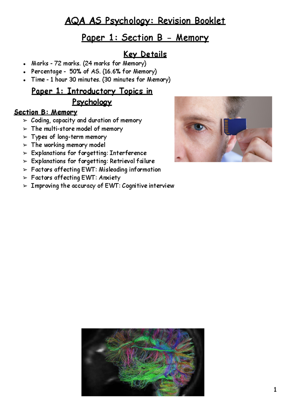 AQA AS Psychology: Memory Revision Booklet for Paper 1 (Section B ...