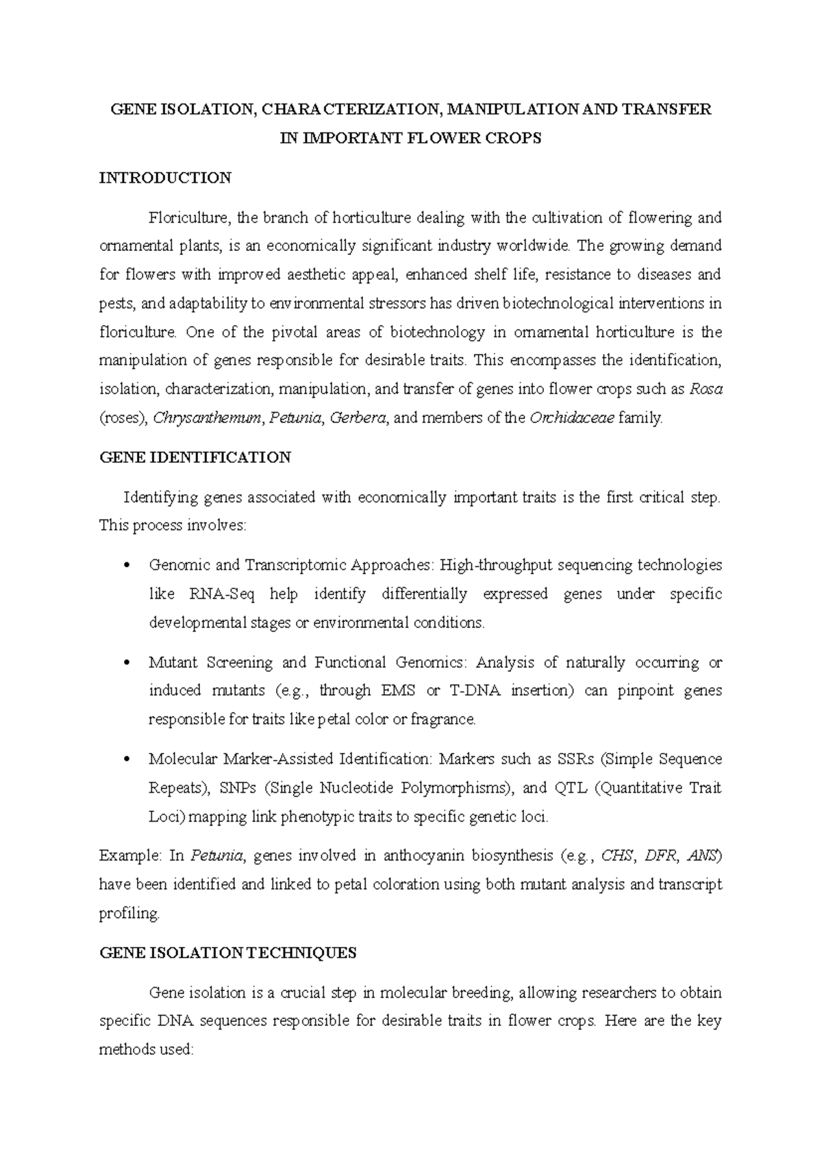 GENE ISOLATION AND MANIPULATION IN FLOWER CROPS: A BIOTECH APPROACH ...